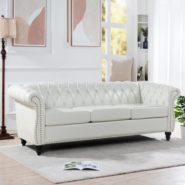 IGEMANINC Luxury PU Leather Three Seater Sofa, 84" Traditional Rolled ...