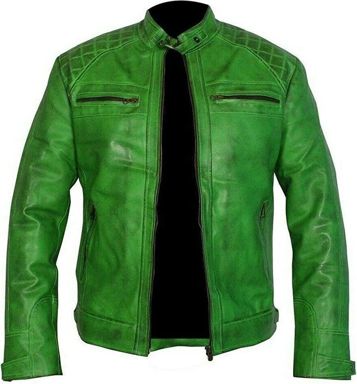 Fashion_First Mens Cafe Racer Motorbike Leather Jacket Green Leather ...