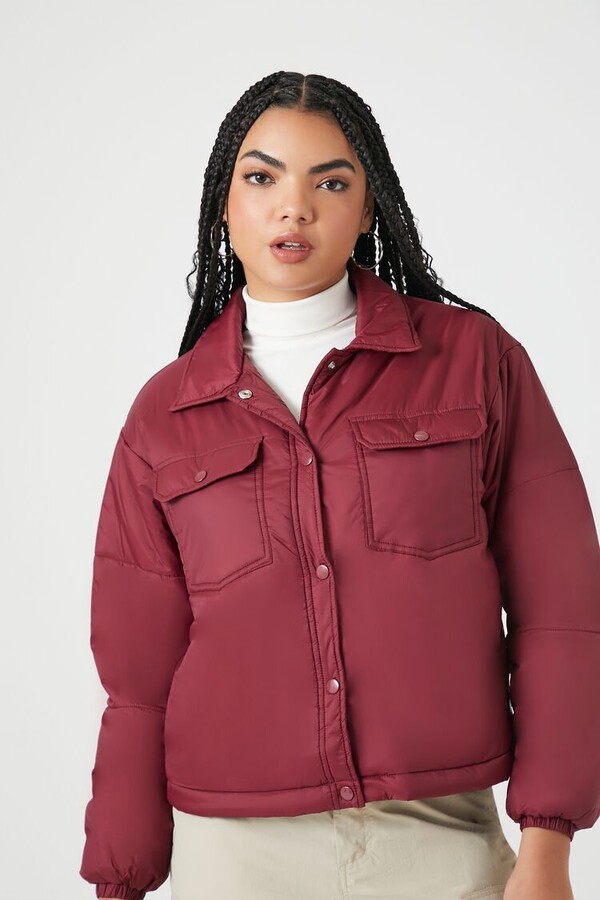 Forever 21 Women's Quilted Puffer Jacket in Wine Small - ShopStyle