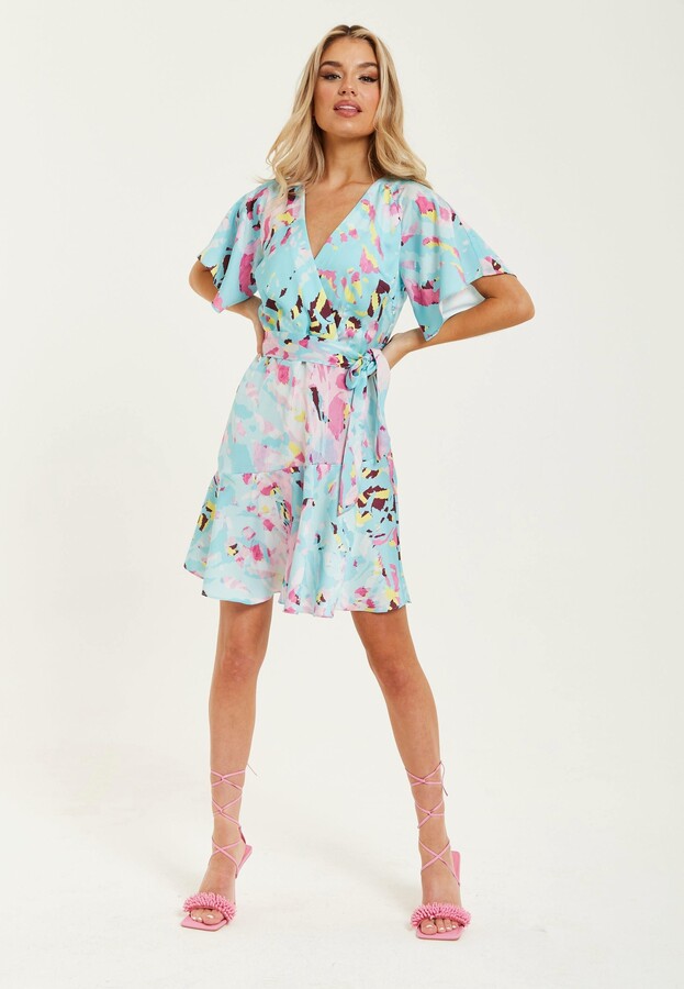 Liquorish Blue Abstract Print Mini Wrap Dress With Short Sleeves