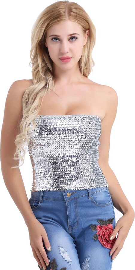 inlzdz Womens Sparkle Sequins Tube Top Stretch Tank Top Boob Bandeau ...