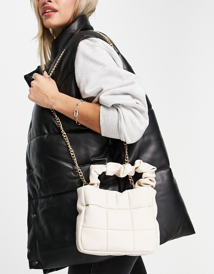 ASOS DESIGN quilted mini tote bag with detachable chain strap in cream ...