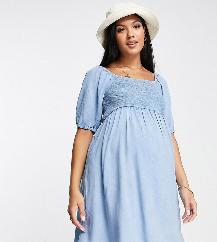 New Look Maternity shirred denim mini dress with puff sleeves in light ...
