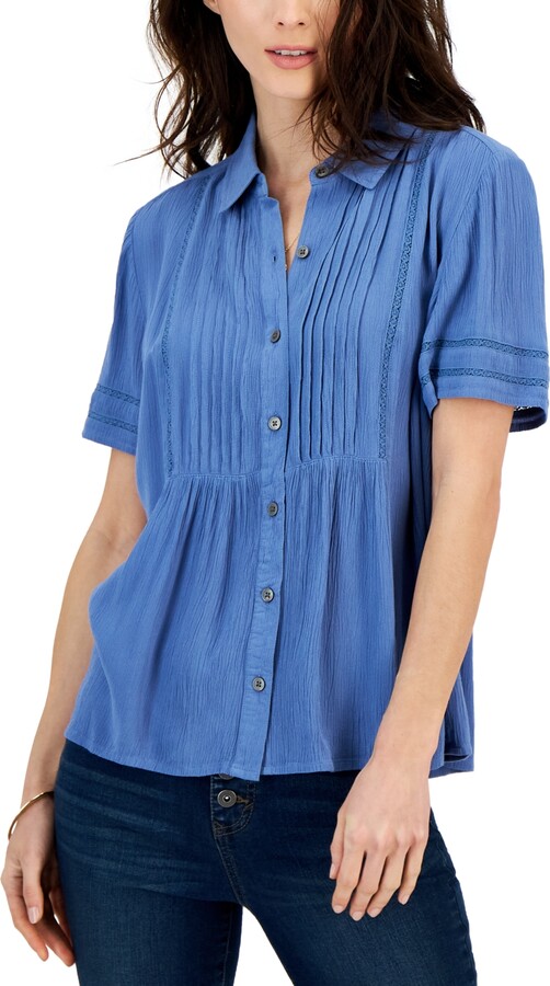 Style&Co. Style & Co Petite Pintuck Short-Sleeve Button-Front Shirt, Created for Macy's ...