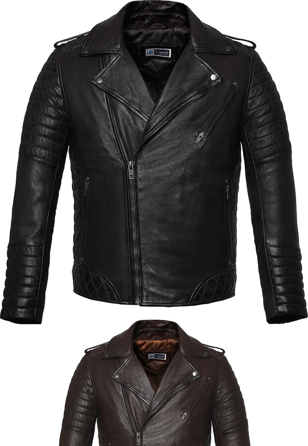 Proseude Leather Jacket Mens Cross Zip with Adjustable Zipper Cuffs and ...