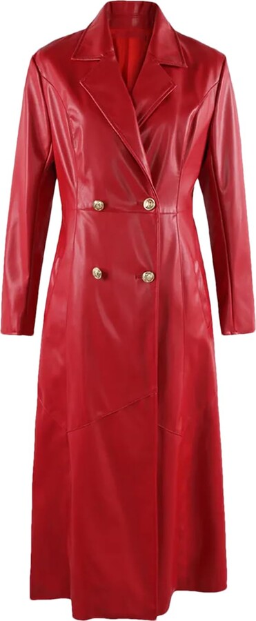 Niiyyjj Extra Long Red Pu Leather Trench Coat For Women With Gold ...