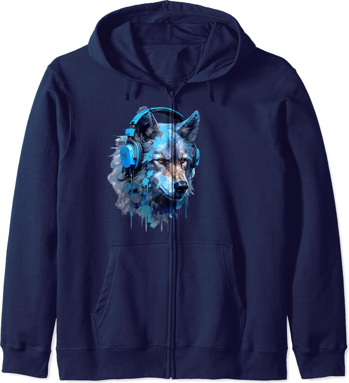 Headset Wolf Painting Rave EDM Wolf Headphone Zip Hoodie - ShopStyle