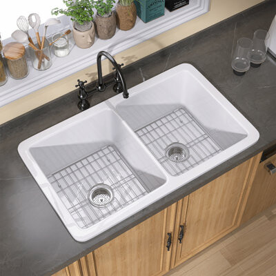 GETPRO 32 in. Fireclay Farmhouse Sink Undermount/Drop-in White Kitchen ...