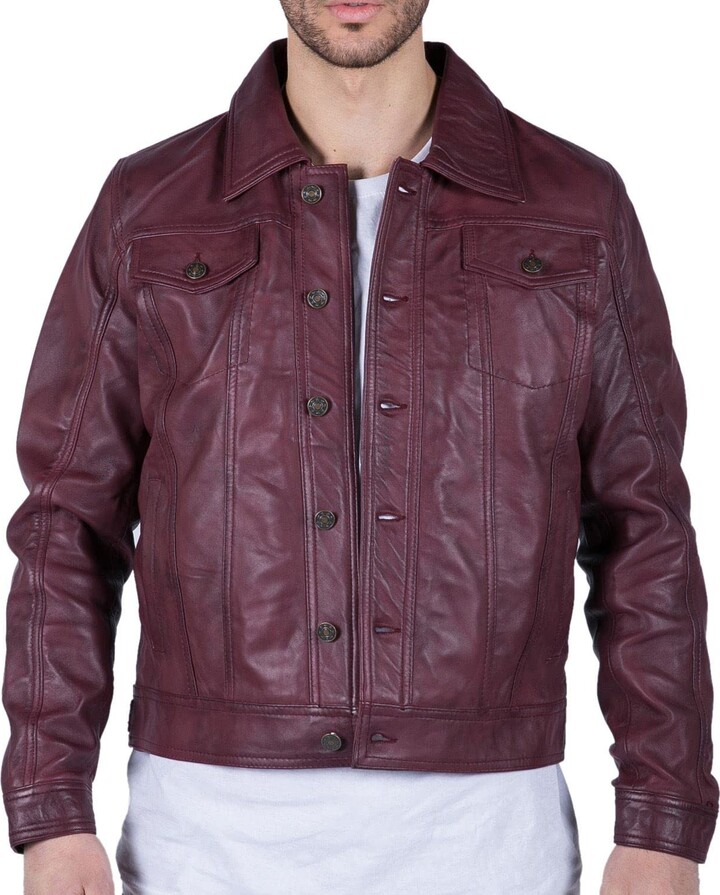 Truclothing.com Mens Real Leather Shirt Jacket Burgundy Wine Retro ...