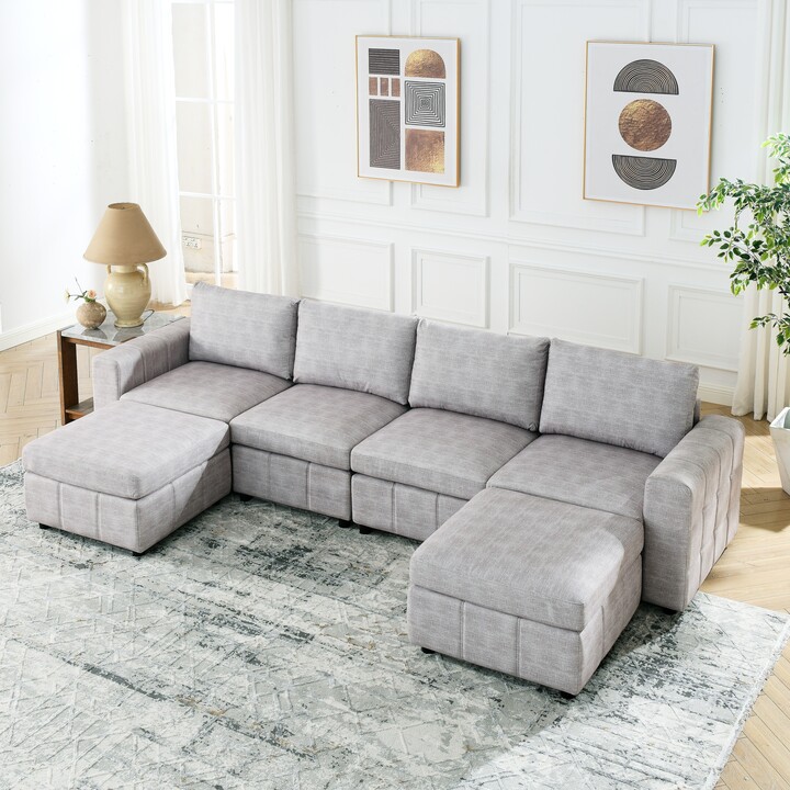 TOSWIN Light Grey Modular 4-Seater U-Shaped Sectional Sofa with Movable ...