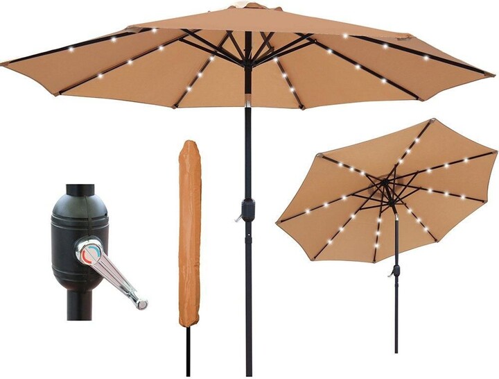 Glamhaus Khaki Solar Power LED Tilting Parasol Waterproof Garden ...