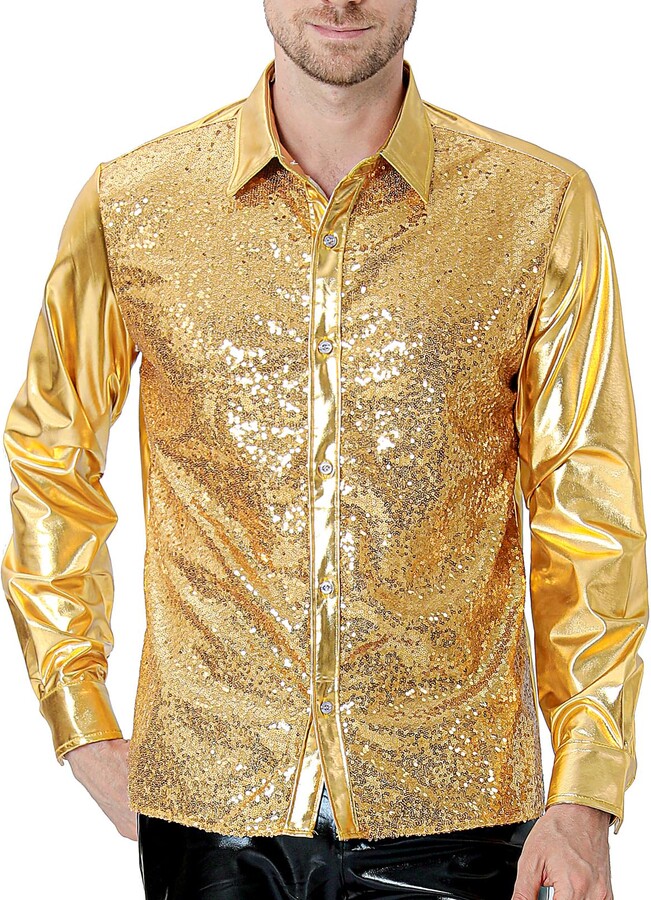 COSAVOROCK Mens Sequin Shirt 70s Disco Fancy Dress Shiny Metallic Costume Gold M - ShopStyle