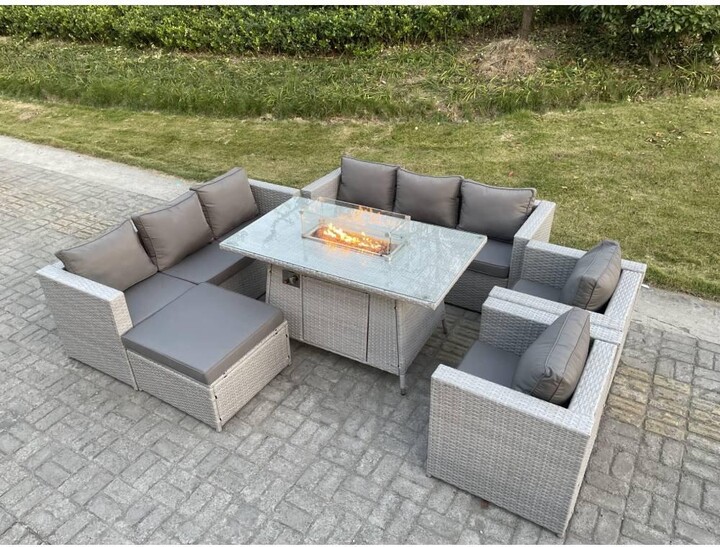 Fimous Rattan Set Gas Fire Pit Dining Table Heater Burner Lounge Sofa ...