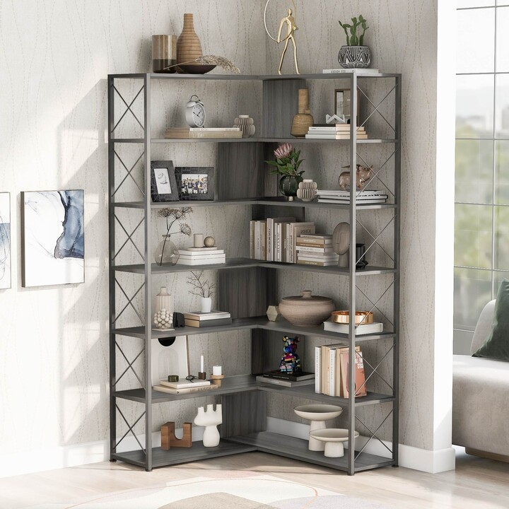 EYIW 7 Tier Office Bookshelf, L-Shaped Corner Bookcase with Metal Frame ...