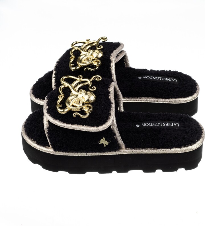 Laines London Women's Terry Towelling Flatform Sliders With Gold Metal ...