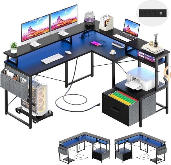 Unikito L Shaped Desk with File Drawer, Reversible L Shaped Computer ...