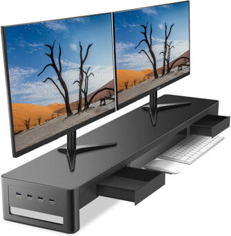 Kiflic Dual Monitor Stand Riser with 2 Storage Drawers and 4 USB Ports ...