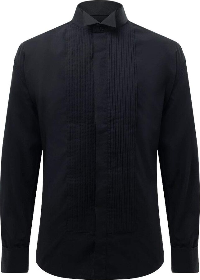 Dobell Mens Black Dress Shirt Regular Fit Wing Collar Pleated Fly Front ...