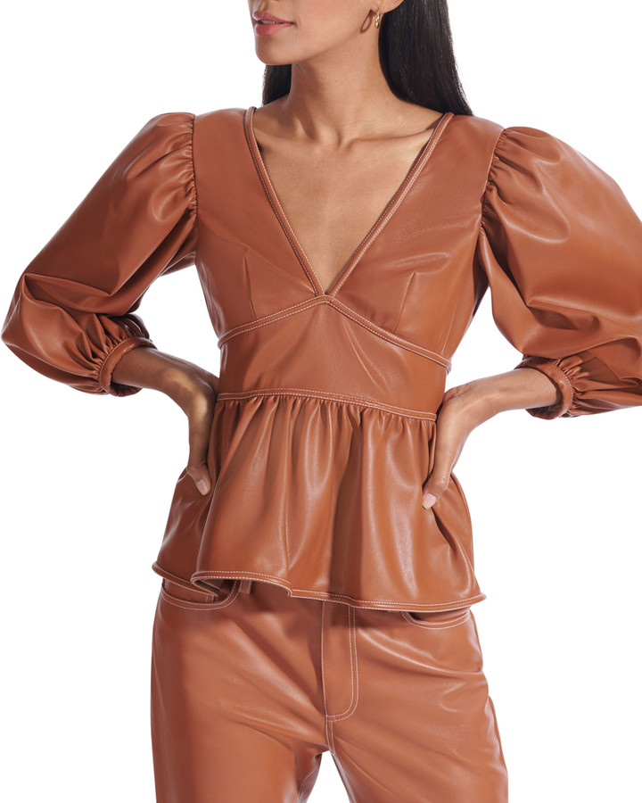 STAUD Luna Vegan Leather Puff-Sleeve Top - ShopStyle