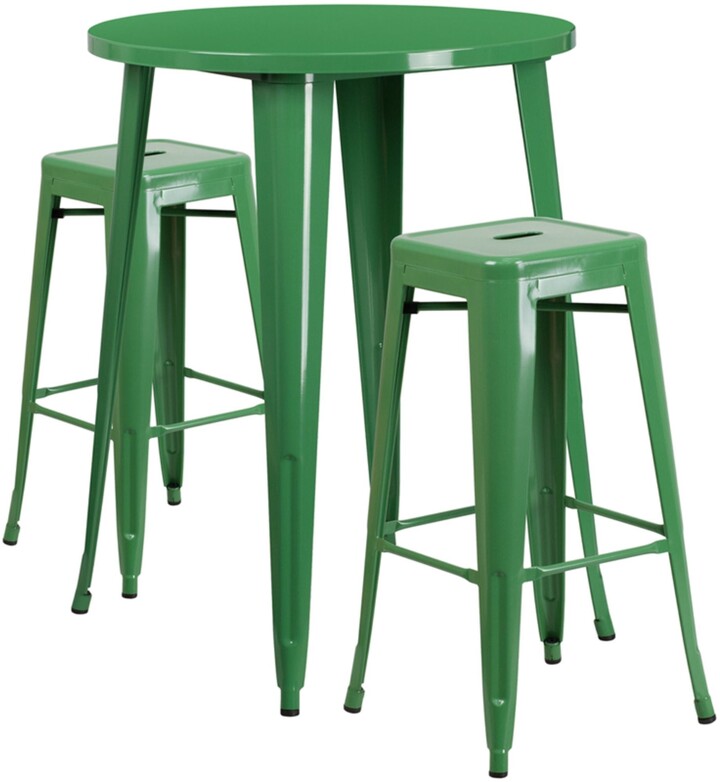 Offex 30" Round Green Metal Bar Table Set W/ 2 Square Backless Stools ...