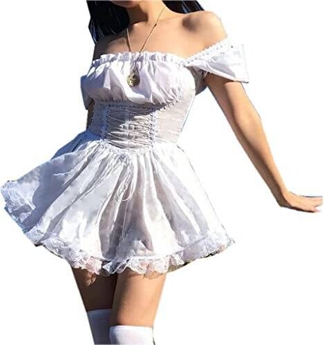 ESSECMBS Women's Sexy Mini Princess Dress Weet Puff Sleeve A-line Dress ...