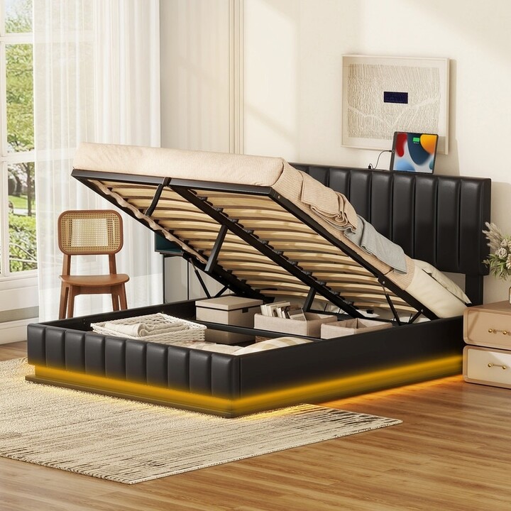 Aoolive Modern Upholstered Lift Up Bed Frame with LED Lights and USB ...