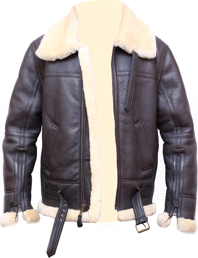 SPURZE Men’s RAF B3 Aviator Jacket Winter Fur Shearling Flying Bomber Brown Sheepskin Leather ...