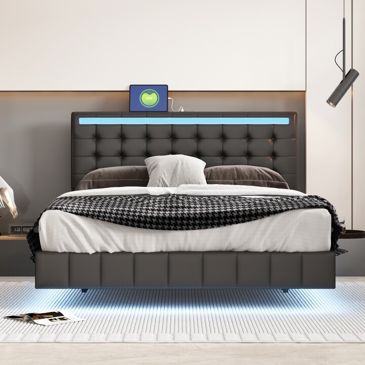 Floating Bed Frame with LED Lights and USB Charging,Modern Upholstered ...