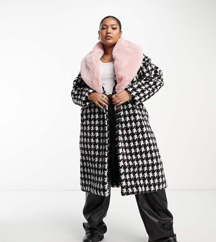 Urbancode Curve Urban Code Plus longline houndstooth overcoat with pink faux fur collar ...