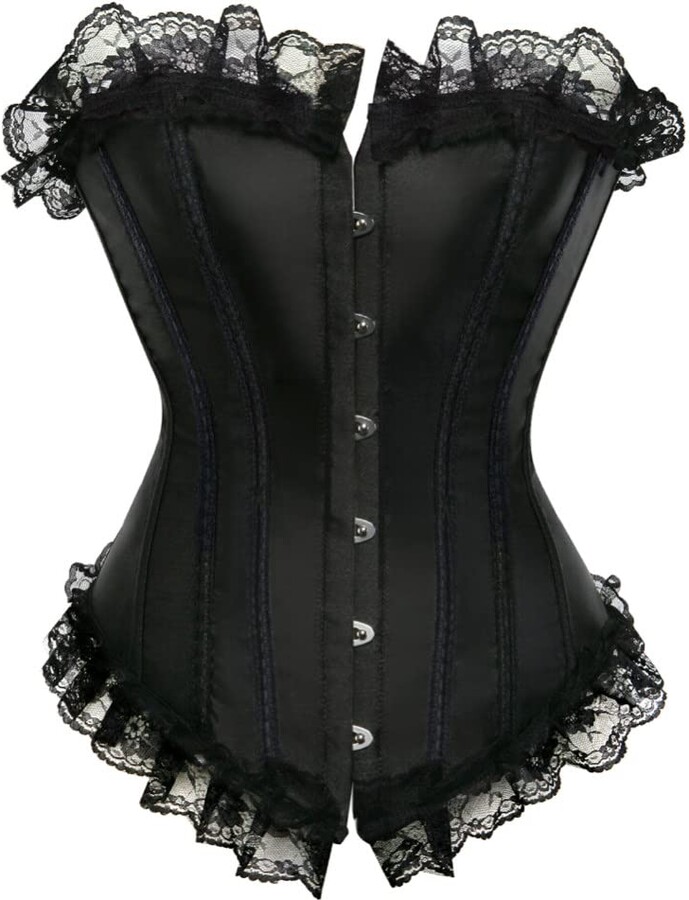 Prilagopj Women Vintage Striped Corset Lace Trim Solid Black Plus Size ...