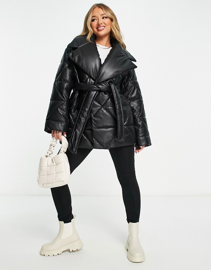 ASOS DESIGN collared puffer faux leather jacket in black - ShopStyle