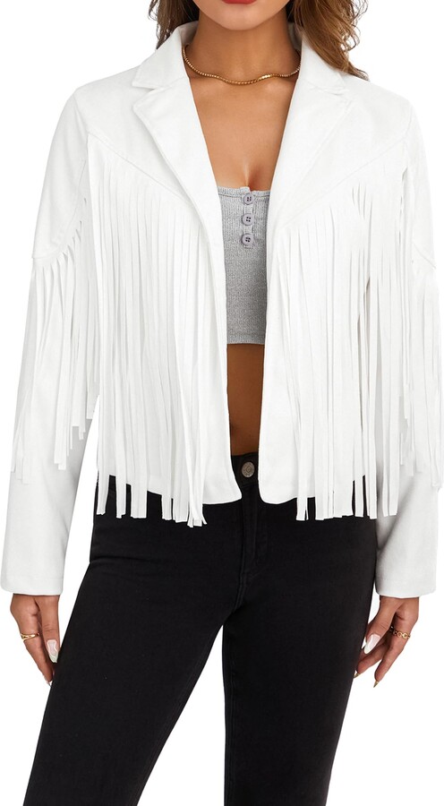 Achlibe Women Fringe Jacket Cowgirl Tassel Faux Suede Cropped Coat 70s ...