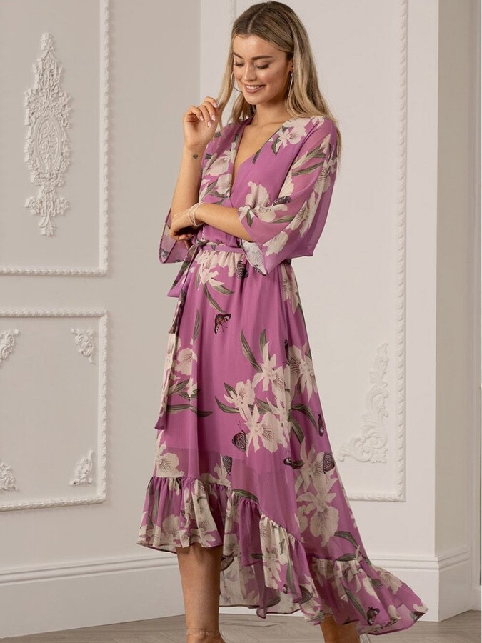 Yumi Soft Pink Floral Kimono Sleeves Dip Hem Wrap Midi Dress - ShopStyle