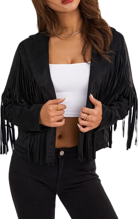 RTGSE Womens Crop Denim Fringe Jacket Distressed Ripped Tassel Fringe ...