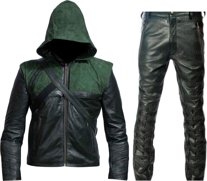 Fashion_First Mens Oliver Queen Green Arrow Costume Faux Leather Hooded ...