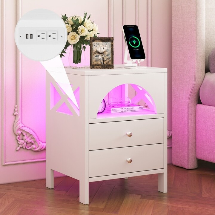 Aoolive Nightstand with USB Charging Port, Modern End Tables with LED ...