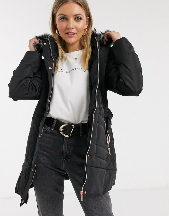 Qed London quilted puffer coat in black - ShopStyle