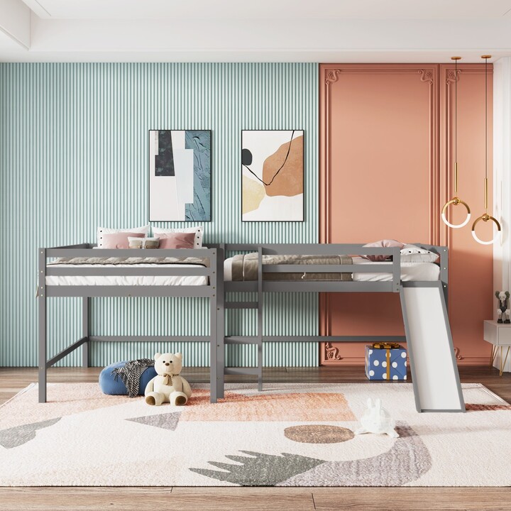 Full Size L-Shaped Loft Bed with Built-in Ladders and Slide,Wooden Loft ...