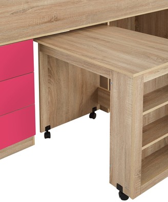 Mico Mid Sleeper Bed with Pull-Out Desk andStorage - Oak Effect/Pink ...