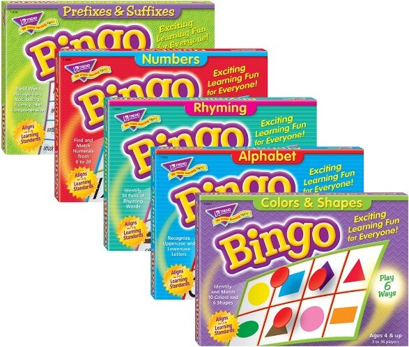 Trend Bingo Game 5-Pack, Colors & Shapes, Alphabet, Rhyming, Numbers ...