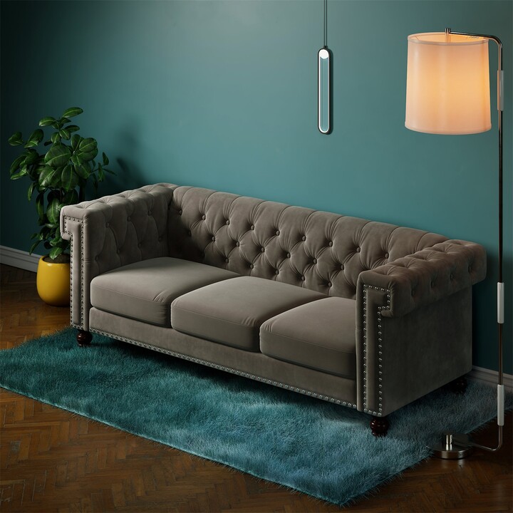 TONWIN Sofa,Tufted Velvet Upholstered 3-Seater,Key Arms,Nailhead ...