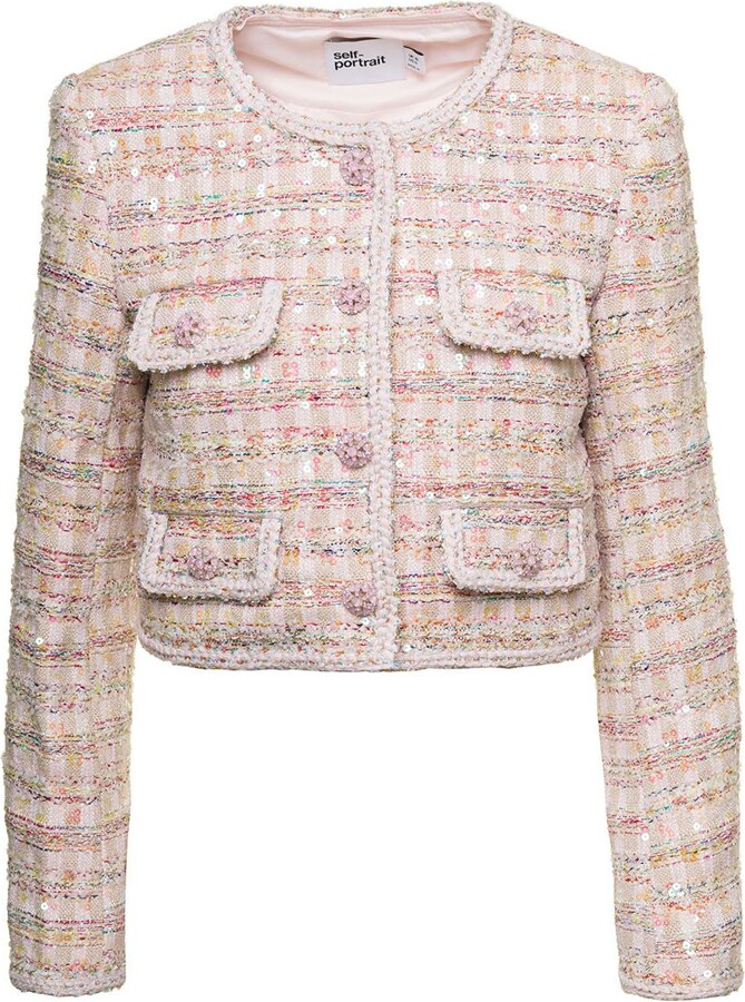 Self-Portrait Pink Short Jacket with Paillettes and Jewel Buttons in ...
