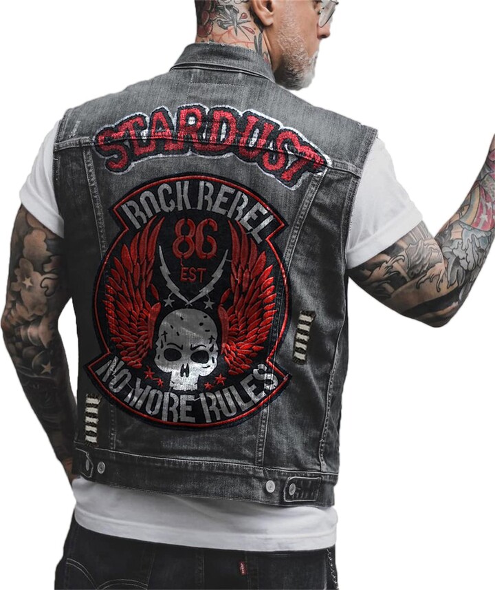 keephen Men's Washed Denim Jacket Vest Gothic Demon Hunter Black Skull ...