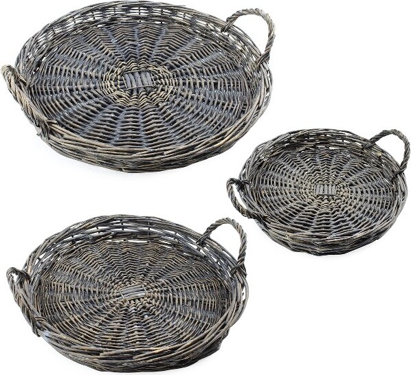 AuldHome Design Rustic Willow Basket Trays, Set of 3 (Round, Gray ...