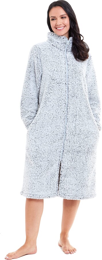 Slumber Hut® Womens Ladies Teddy Grey Dove Fleece Fully Zipped Dressing ...