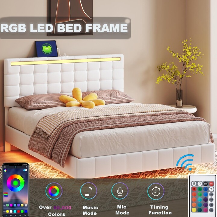 NINEDIN Beige Linen Floating Bed Frame with LED Lights and USB, Modern ...