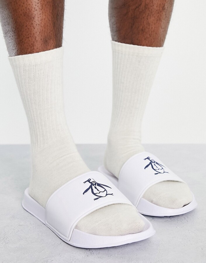 Original Penguin logo sliders in white - ShopStyle Flip Flop Sandals