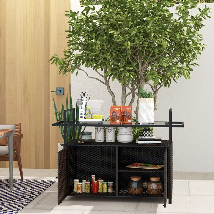 Outsunny PE Rattan Outdoor Bar Table, Outdoor Kitchen Island with 2 ...