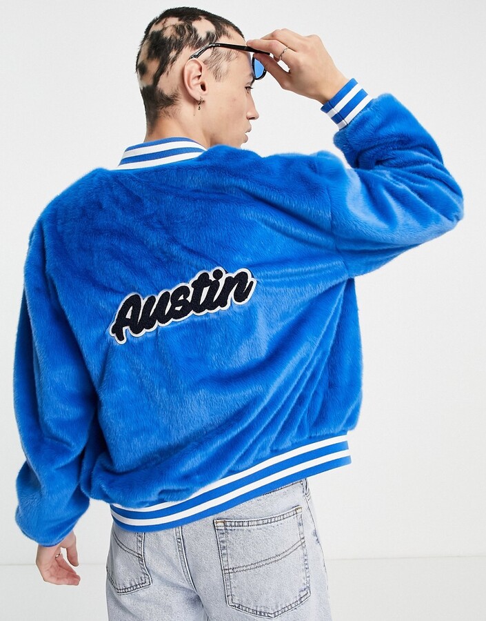 ASOS DESIGN faux fur varsity bomber jacket in blue - ShopStyle