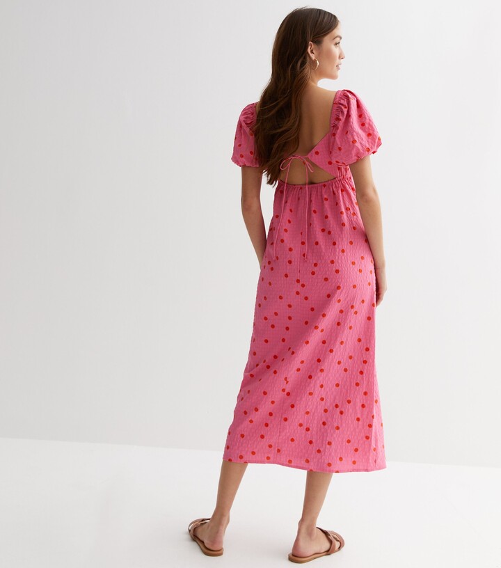 New Look Pink Spotty Ruffle Sleeve Midi Dress - ShopStyle